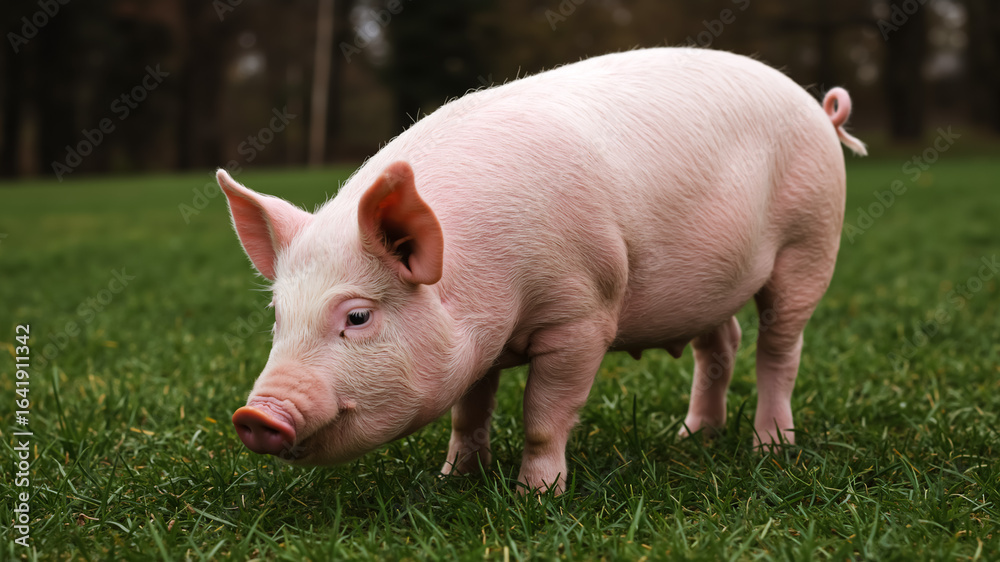 Pink pig grazing on lush green grass. Close up of a domestic pig ...