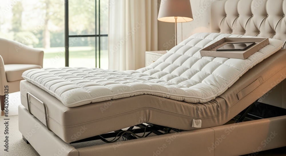 Foto de Stock Adjustable Bed with Mattress Topper in Neutral Bedroom ...