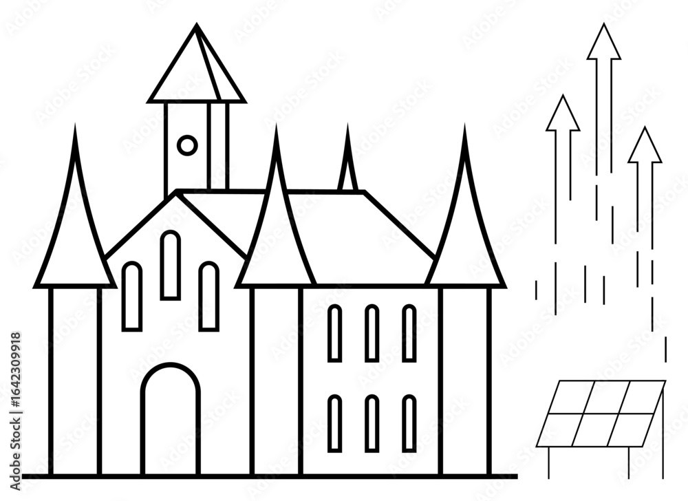 Gothic castle with towers and windows beside solar panel generating ...