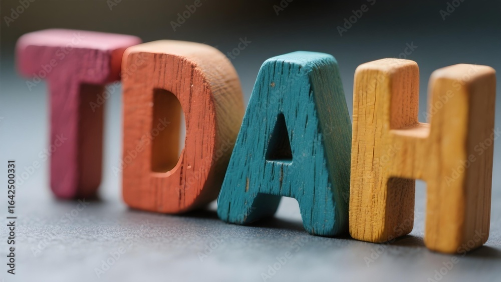 Photo Stock TDAH awareness colorful wooden block letters in close up on ...