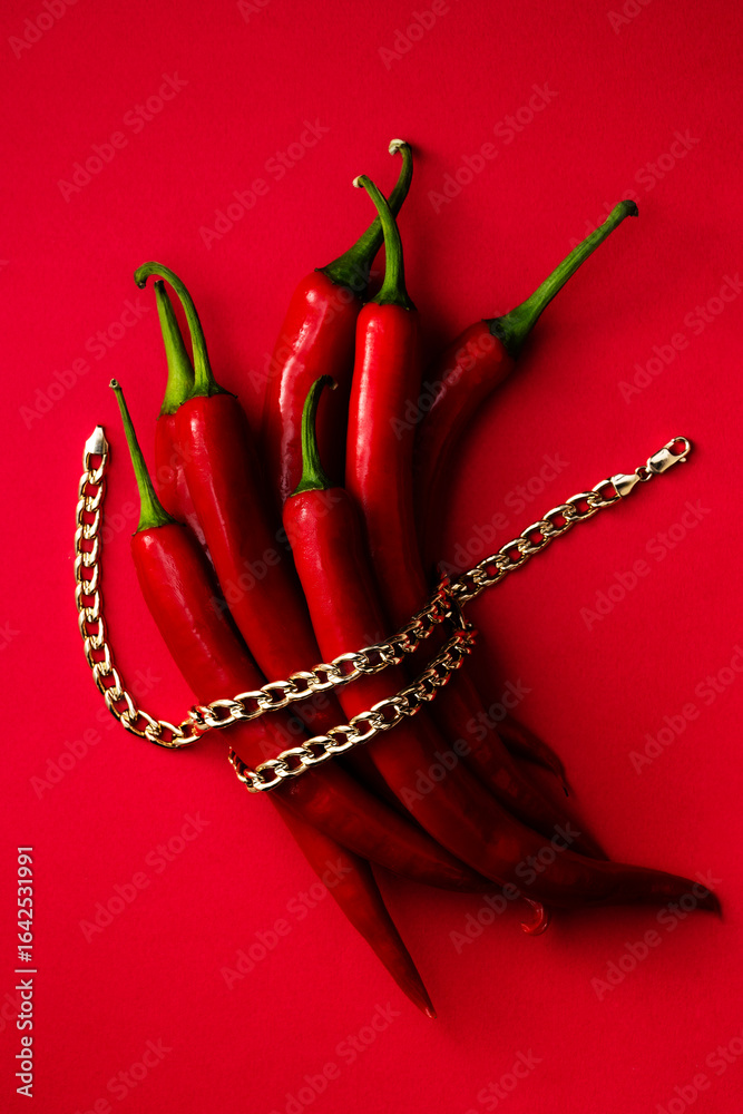 Gold chain on red chili peppers on red background Stock Photo | Adobe Stock