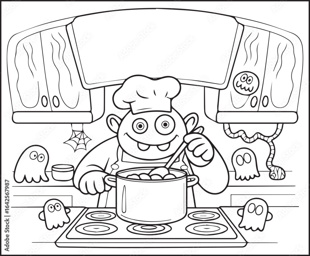 Chef monster cooking food in the kitchen black line art vector ...