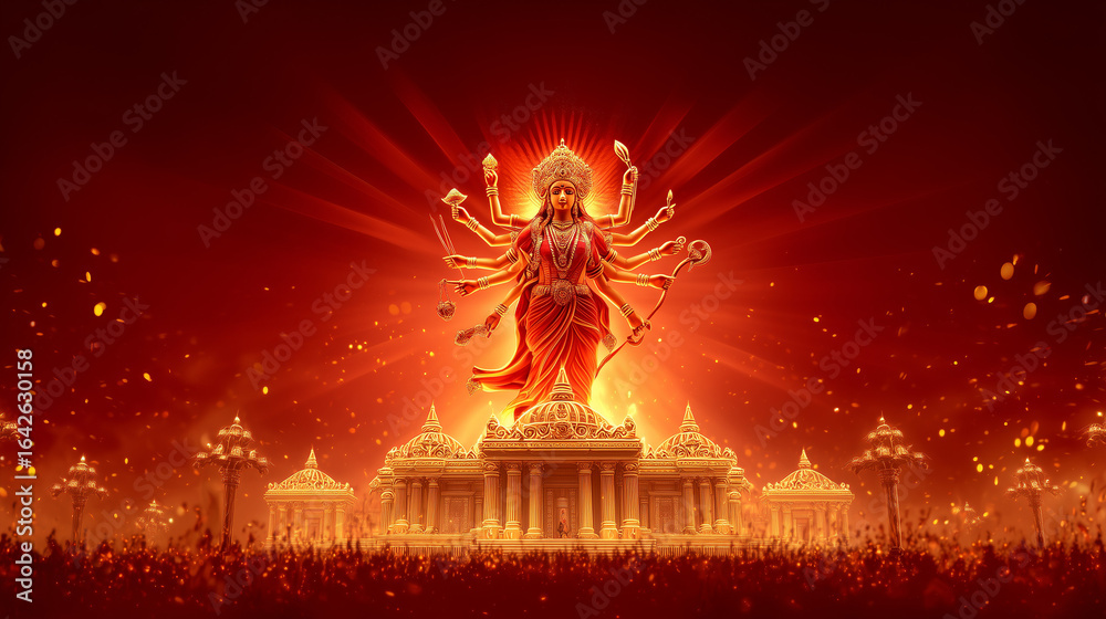 Durga Puja Celebration, depiction of Durga with ten arms holding divine ...