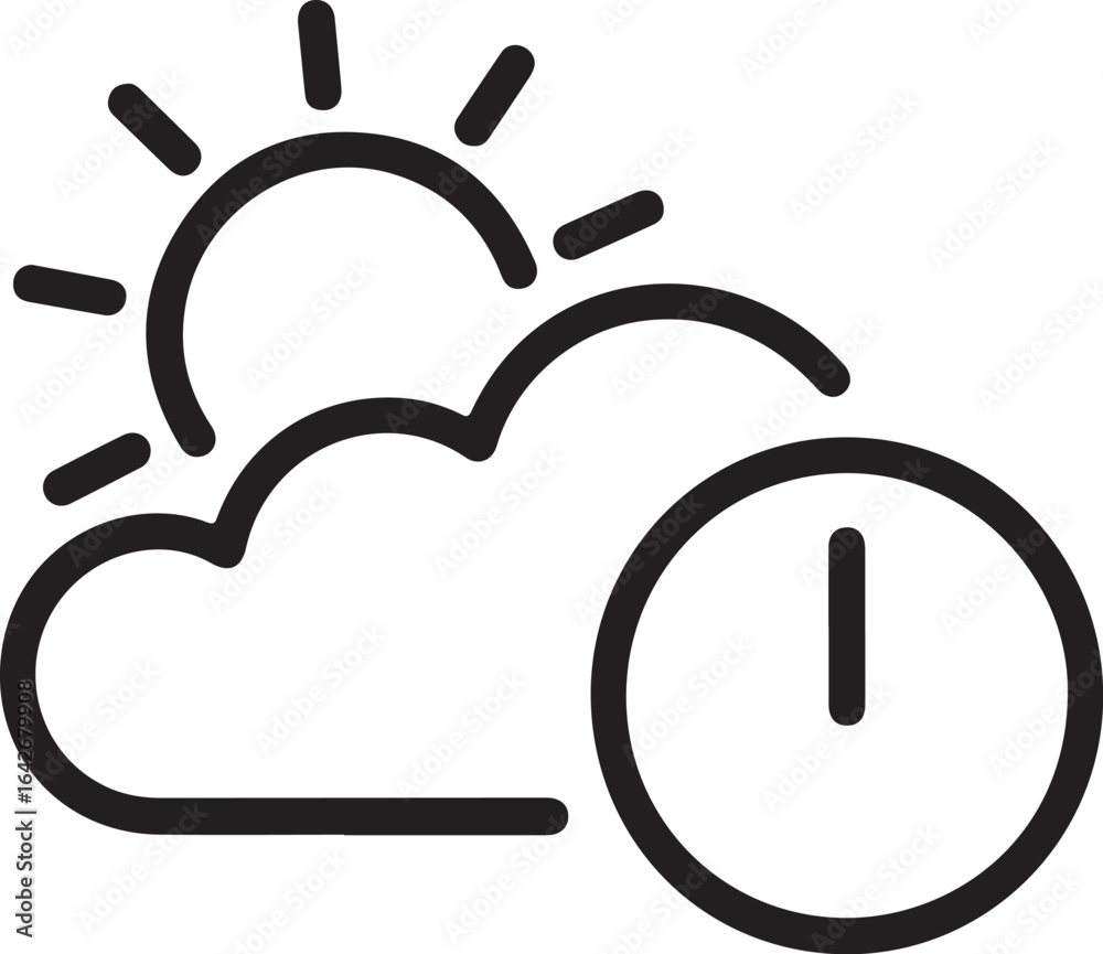 Simple line art icon representing partly cloudy weather with a clock ...