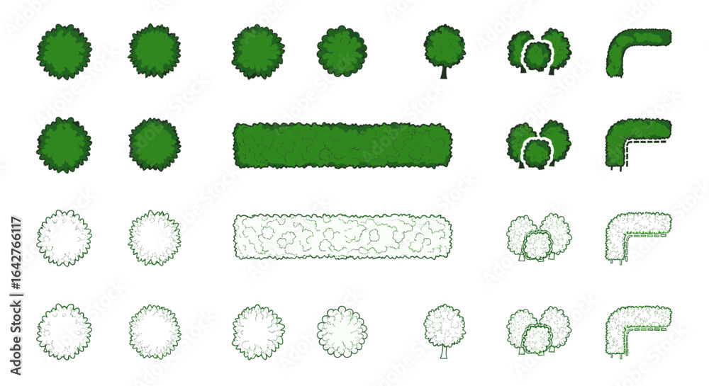 A collection of top-down view symbols for trees and hedges used in ...