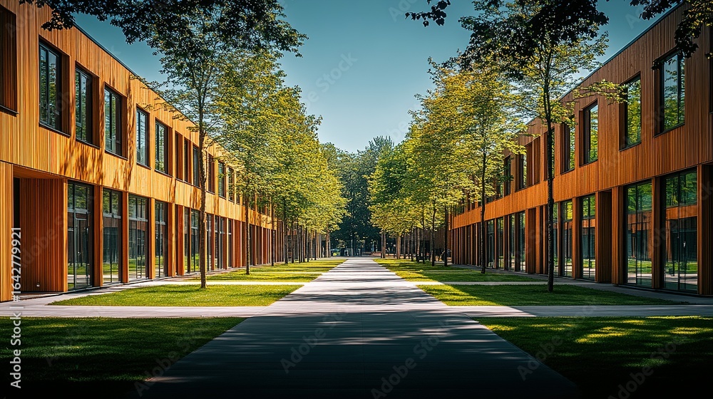 Two modern buildings face each other across a green pathway with trees ...