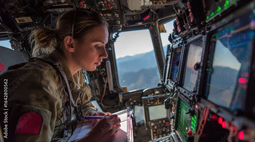 Dynamic scene of a flight nurse closely observing monitors and ...