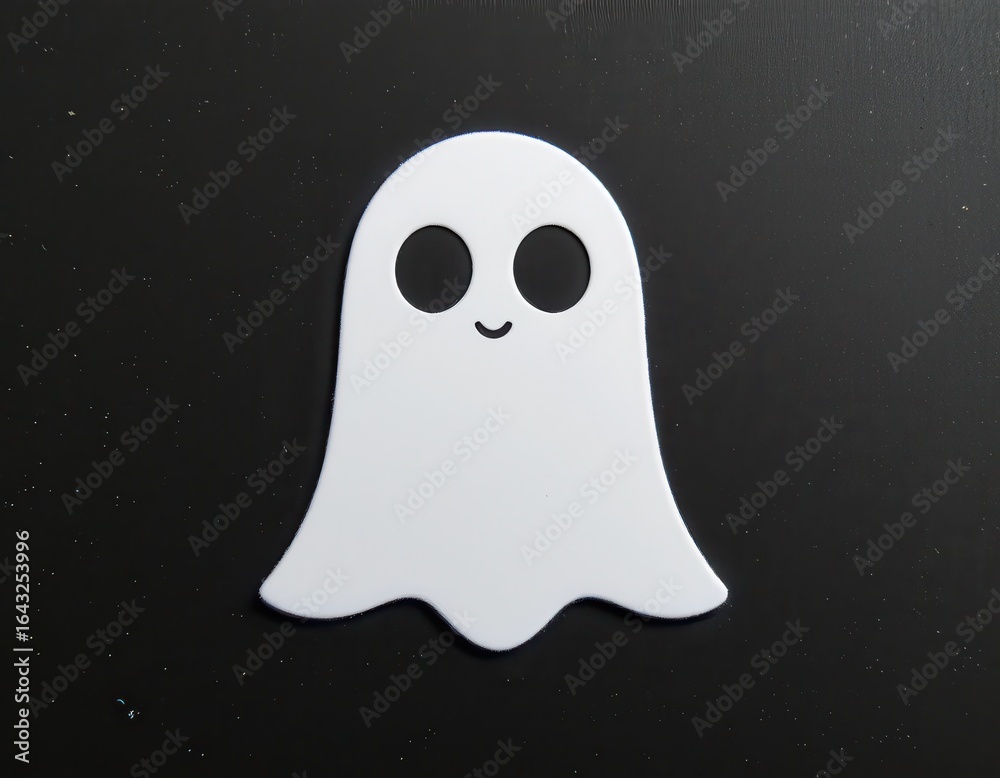 White stylized ghost with two black eyes and a smiling mouth against a ...