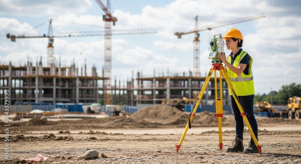Woman geodetic engineer using modern surveying total station or ...