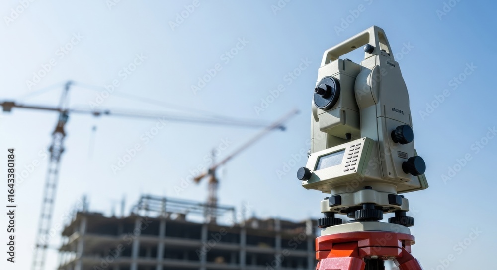 Total station for land measuring. Geodesy concept with surveying equipment at construction site ...