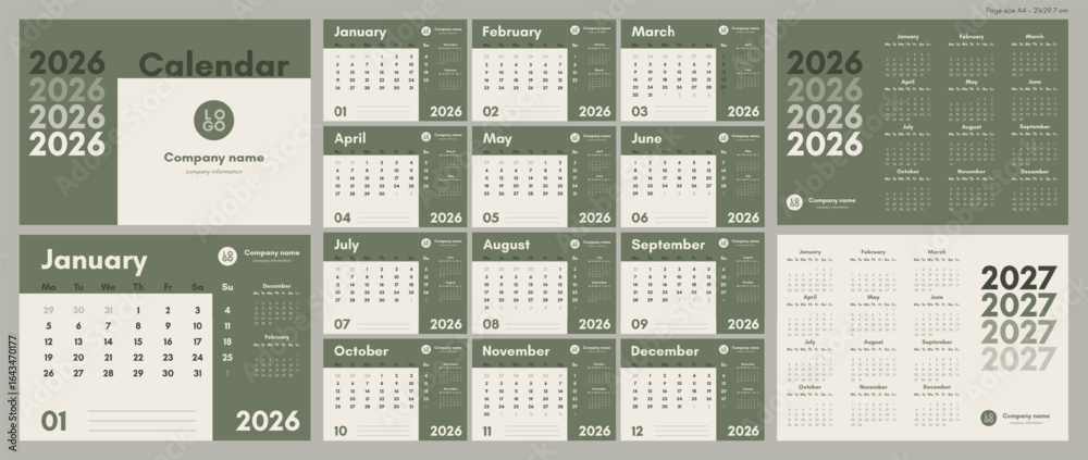 Horizontal calendar template for 2026. Corporate, copy space for the ...