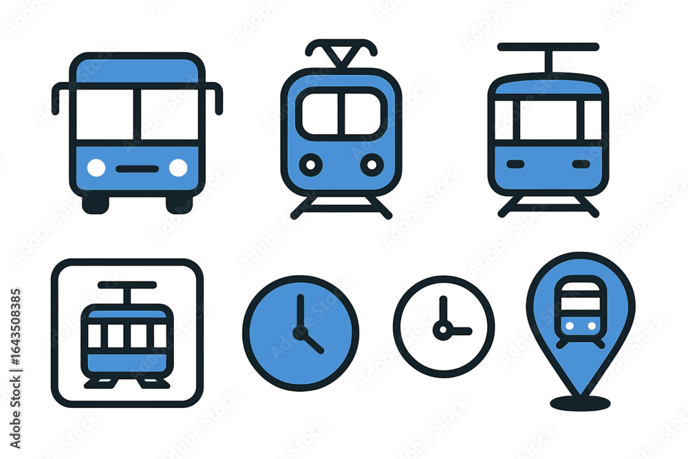 Collection of public transport icons including bus, tram, and clock ...