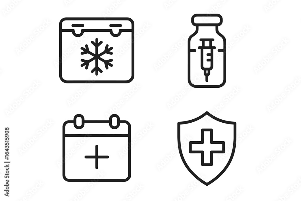 Stock-Vektorgrafik „Snowflake symbol, vaccine vial, syringe, calendar ...