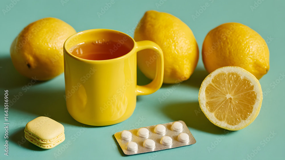 Pills, nose drops and hot tea with lemon for colds, treatment of , flu ...