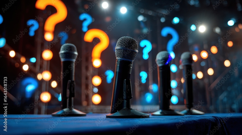 Microphones stand prominently on a stage, illuminated by vibrant lights ...