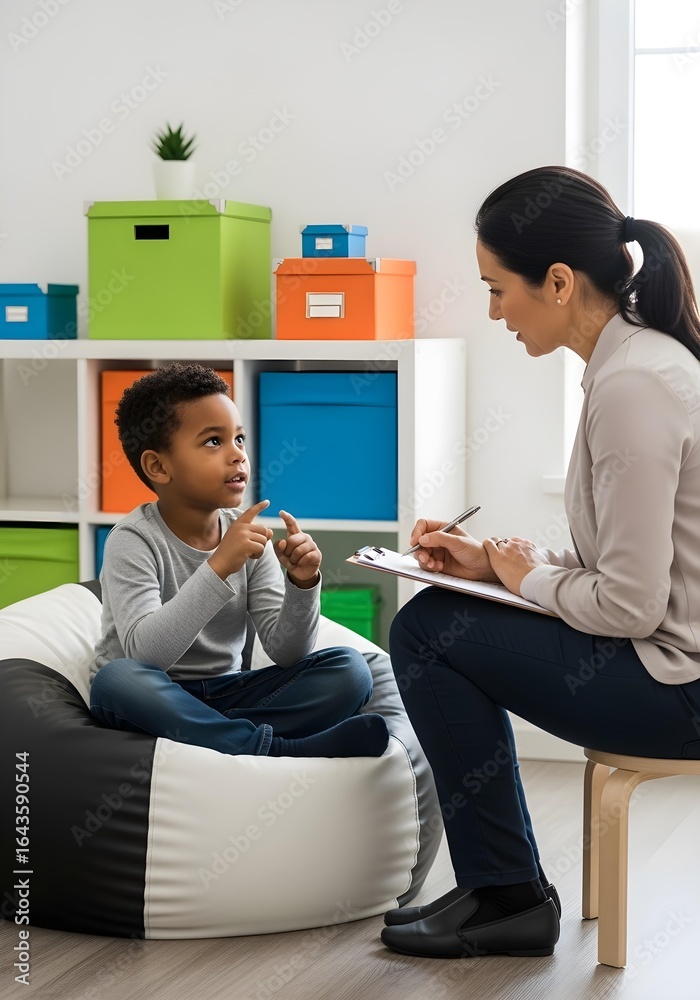 Autistic child boy in behavioral therapy communicating with therapist ...
