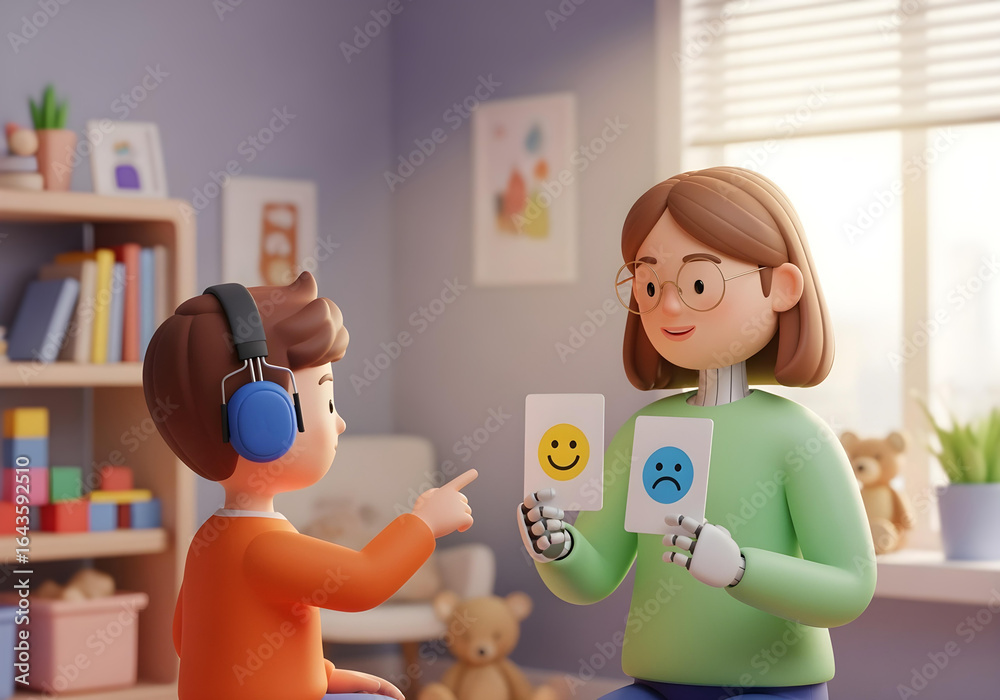 3d cartoon Autistic child boy with noise cancelling headphones pointing ...