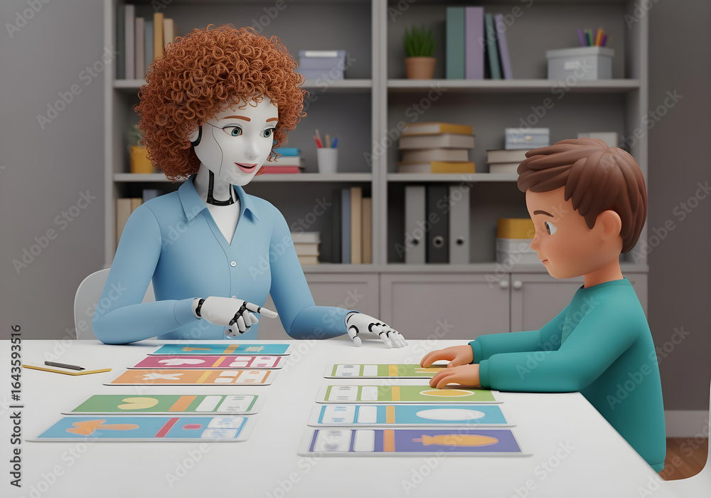 3d cartoon Autistic child boy learning with picture cards guided by ...