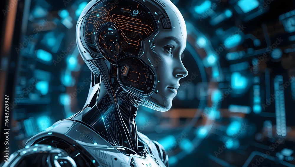 Futuristic AI Robot Head Side View with Circuit Board – Digital ...