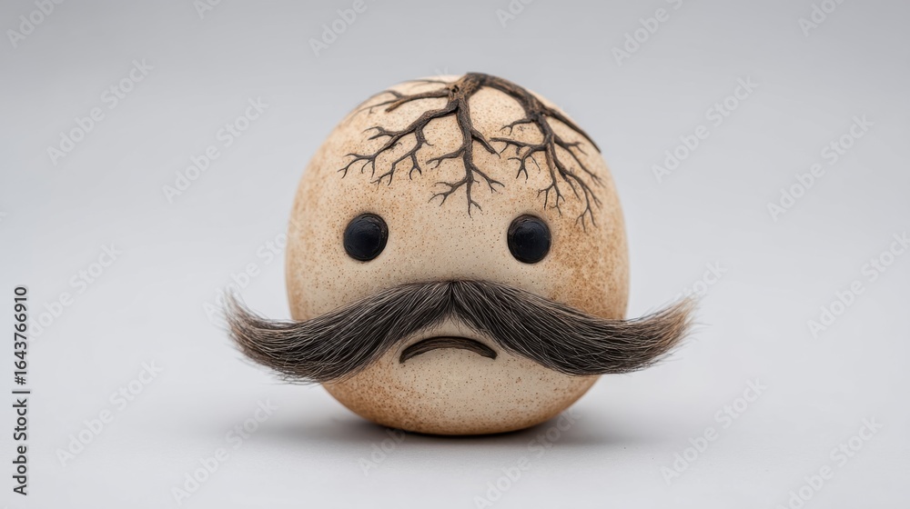 Sad Stone Face with Mustache and Brain Tree Symbol on Head Stock ...