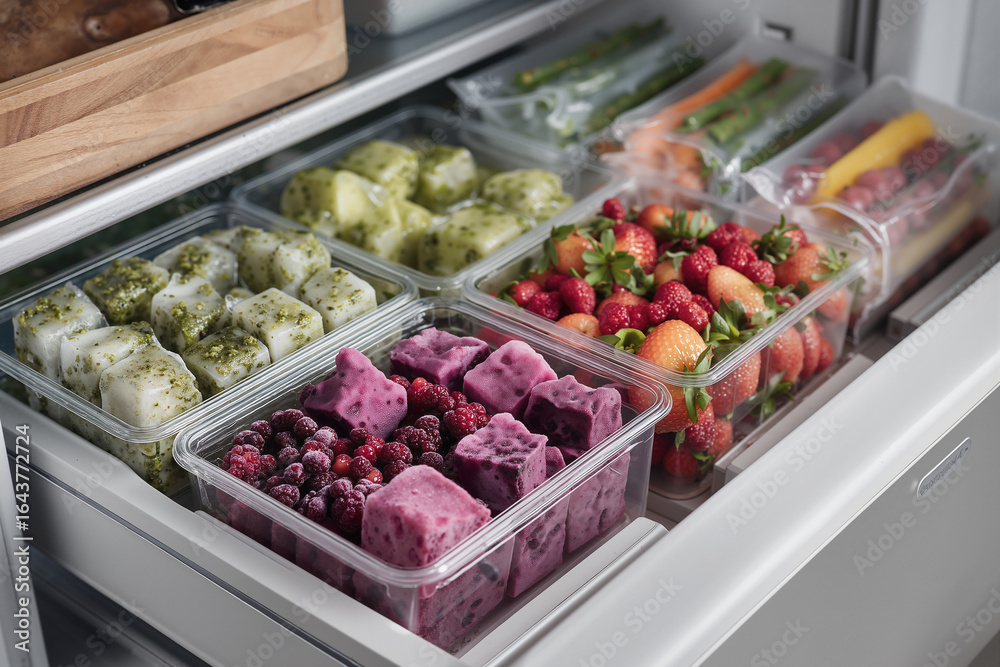 Freezer drawer with containers of frozen berries, fruit cubes, and ...