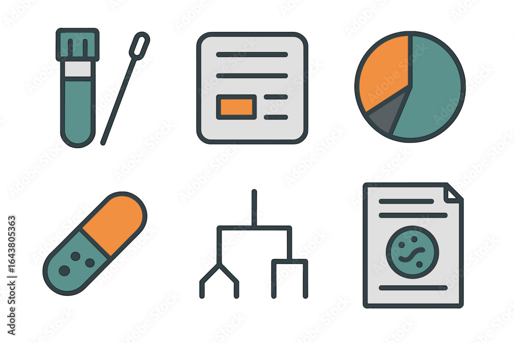 Collection of medical symbols representing testing, medication, and ...
