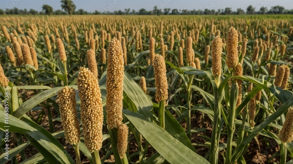 Millet field in India, millet plants and seed in farm, Bajra (pearl ...