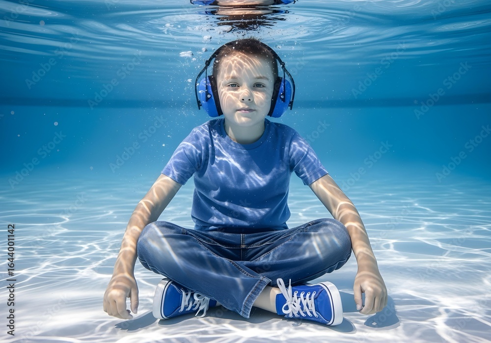 Autistic child boy sitting underwater cross legged in blue shirt, jeans ...