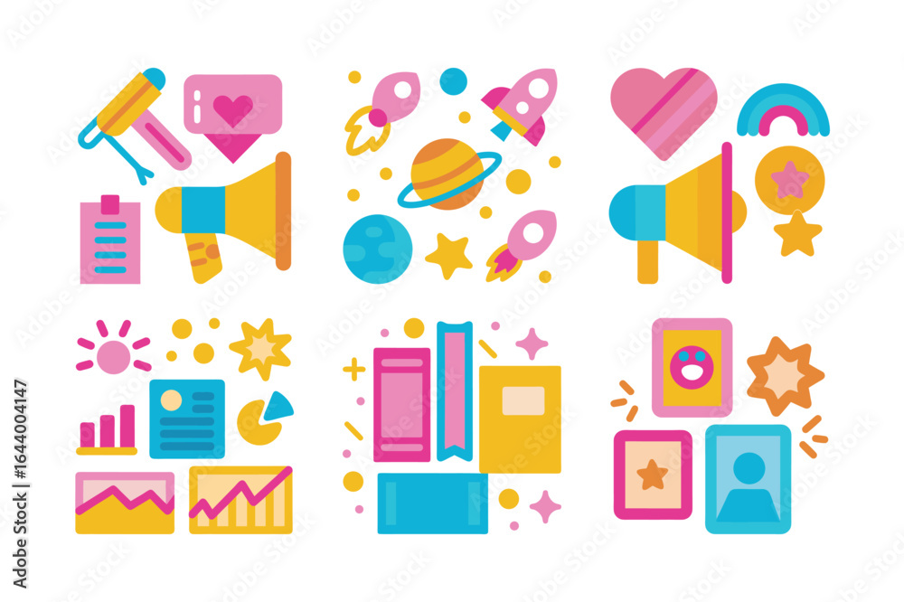 Colorful Digital Marketing Icons and Social Media Engagement Elements ...