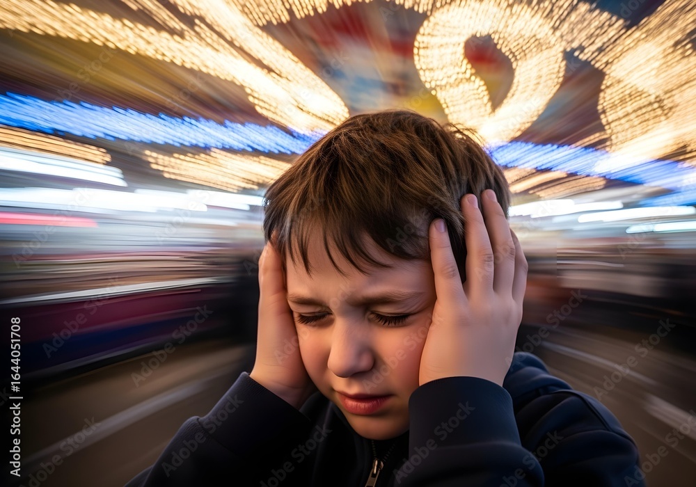 Autistic child boy covering ears eyes closed with intense motion blur ...