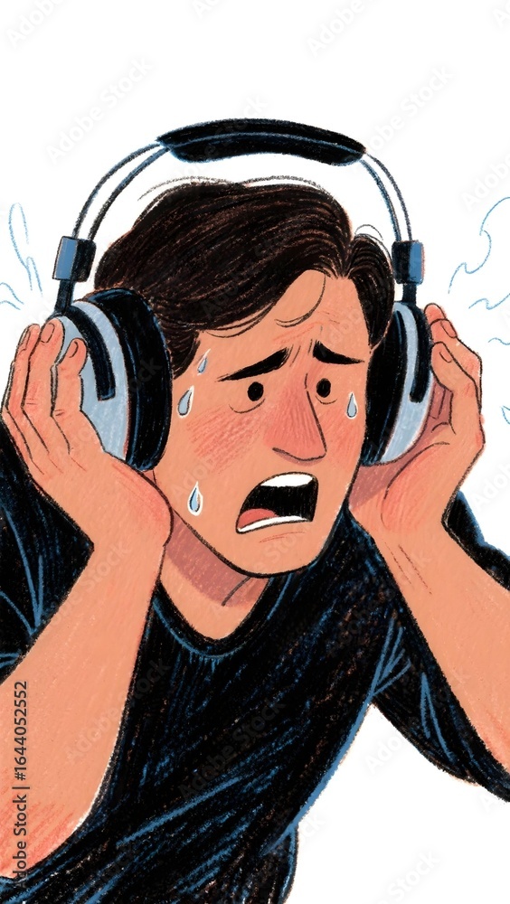 Cartoon autistic child boy crying holding noise cancelling headphones ...