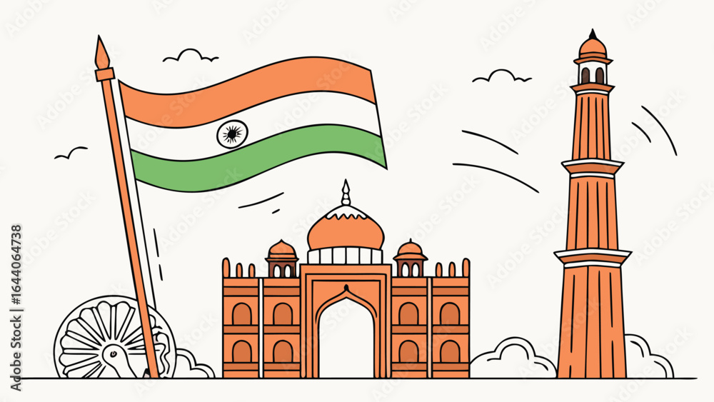 Indian Monuments Illustration – Red Fort, Qutub Minar, Ashoka Chakra ...