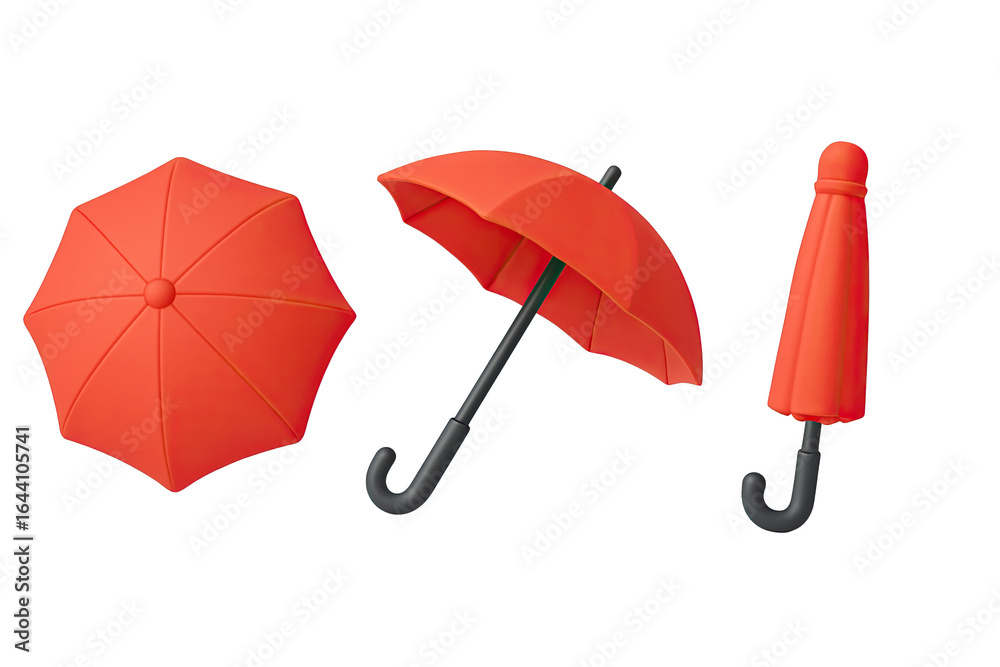 Red umbrella set in 3D render, open and closed. Top view and side view ...