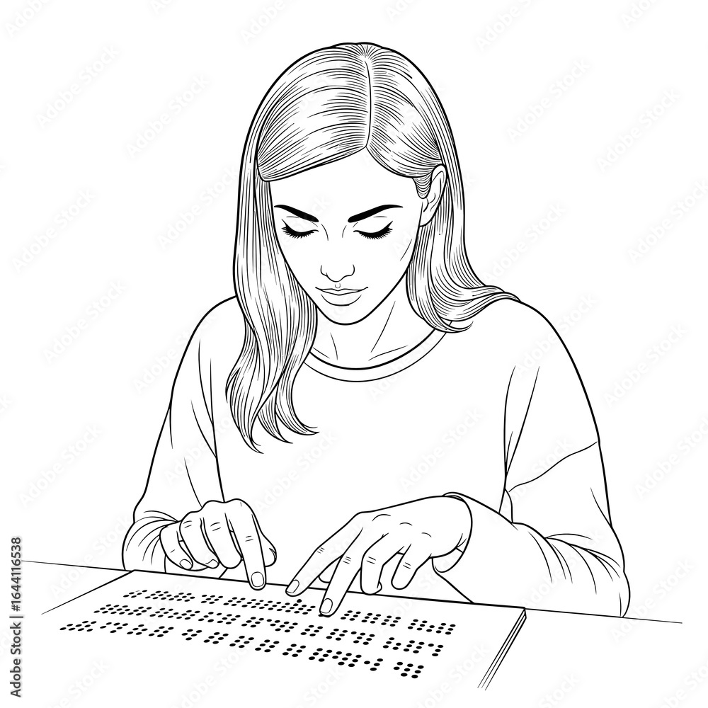 Blind woman reading a Braille text with focused determination, in a ...