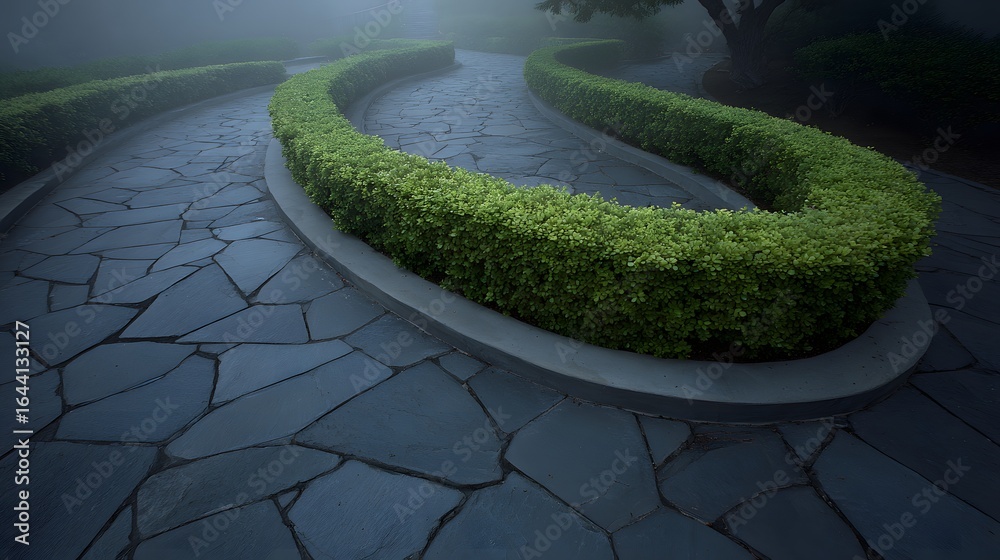 Winding path lined with hedges in a misty garden. の Stock フォト | Adobe Stock