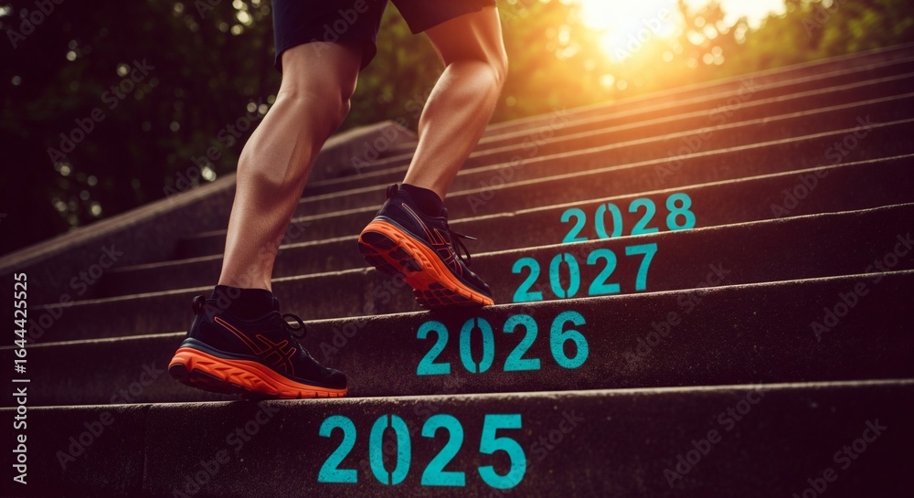 Determined athlete climbing stairs with 2025, 2026, 2027 and 2028 ...