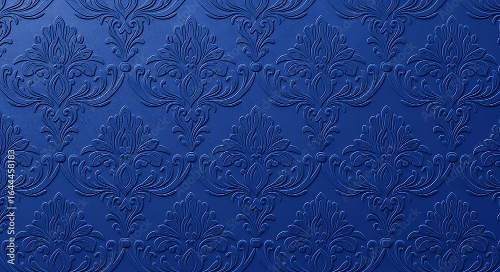 Royal blue embossed damask wallpaper with a repeating floral baroque ...