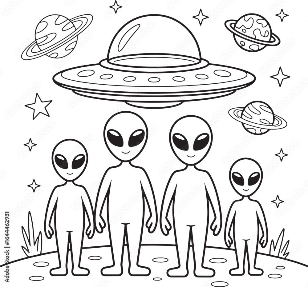 Cartoon line drawing of friendly aliens and aUFO hovering above a ...