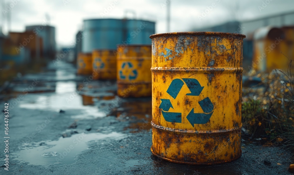 Hazardous waste materials marked with a recycle sign, representing the ...
