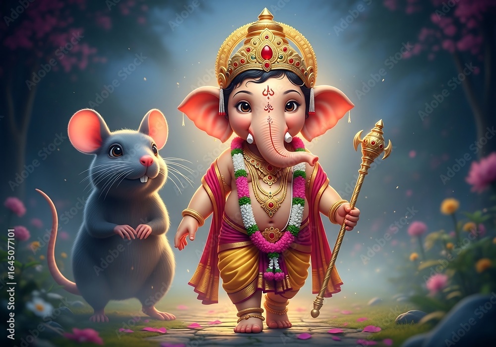 Ganesha Walking.Lord Ganesh with Mouse,Hindu Deity Ganesha with Rat ...