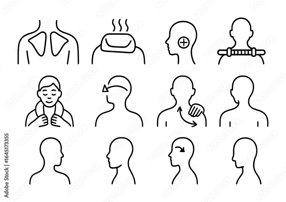 Neck Massage Icons Grid. Outline vector icons of neck and shoulder self ...