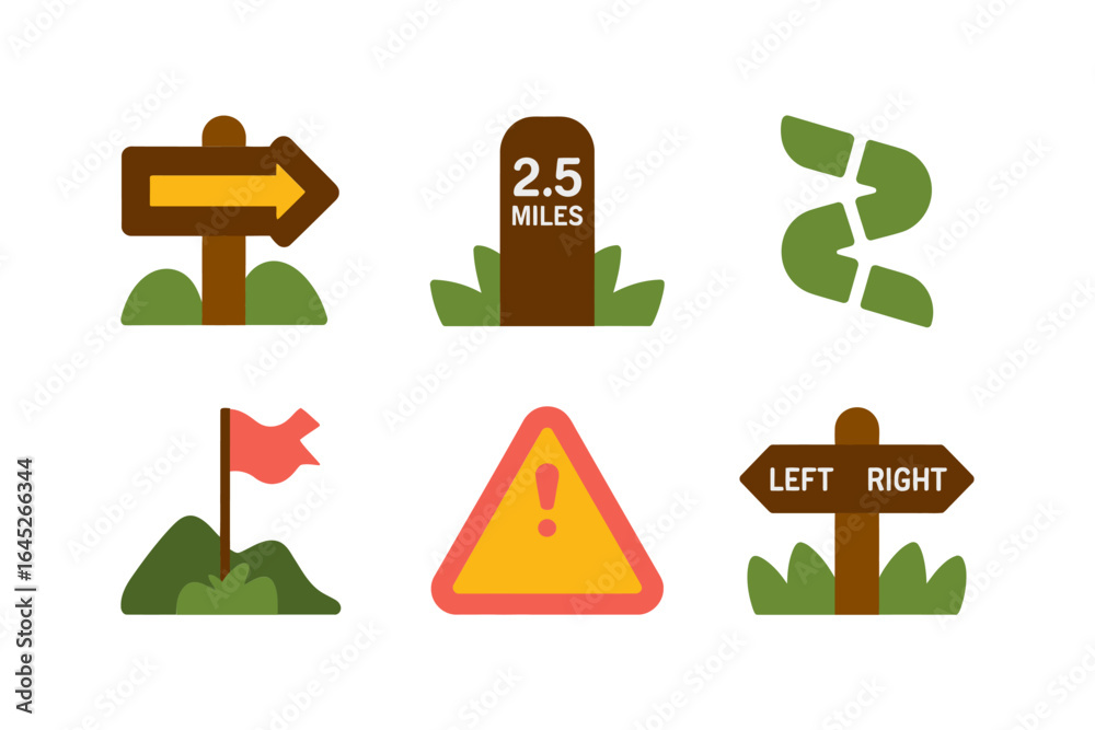 Hiking trail sign and marker icon set, wayfinding arrow distance marker ...