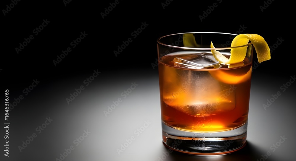 Godfather cocktail with lemon twist garnish black gradient background ...