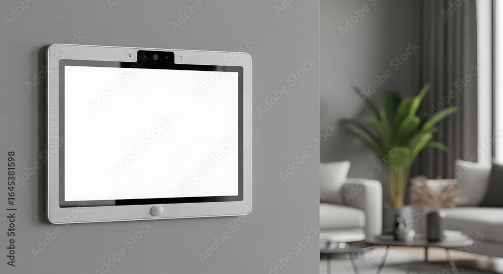 Fotografie Modern smart home assistant panel with a blank white screen ...