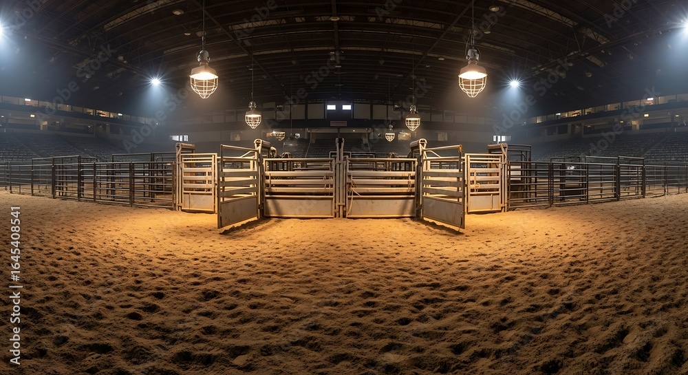 Spotlights illuminate the bucking chutes and dirt floor of an empty ...