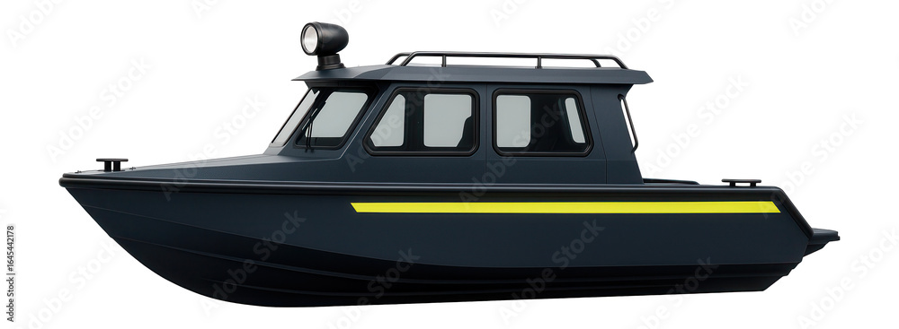 High-speed police patrol boat with enclosed cabin and forward-facing ...