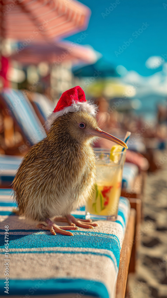 Kiwi bird wearing a santa hat enjoys a festive drink on a beach in New ...