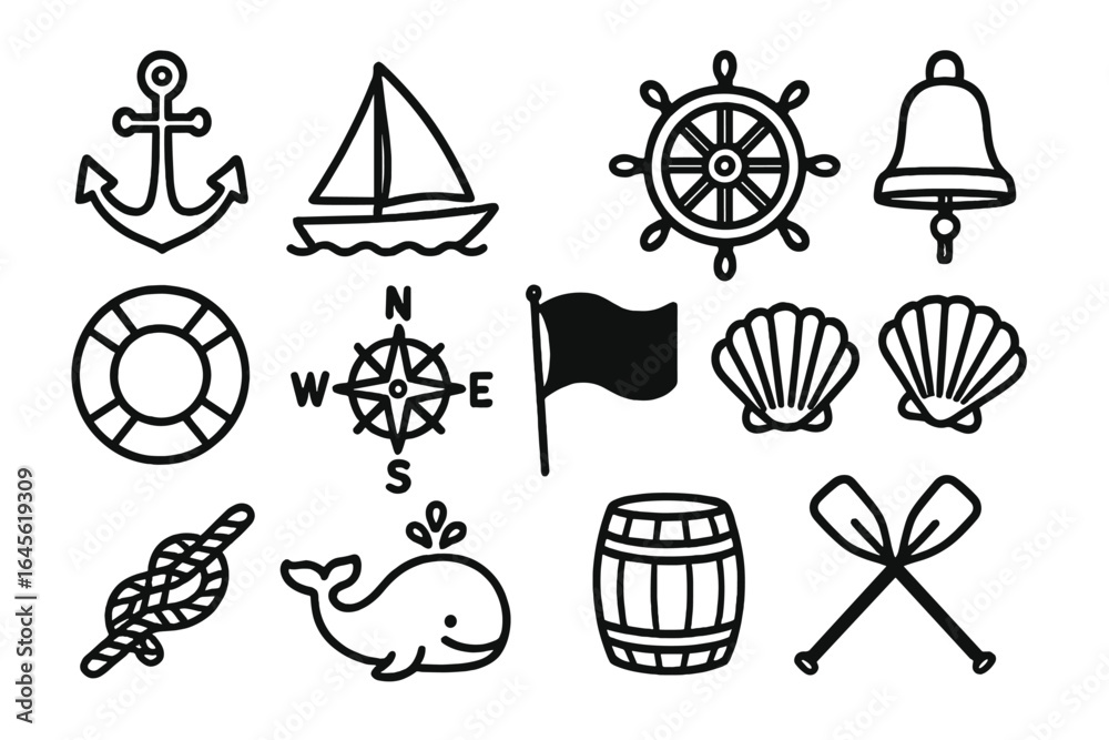 Image vectorielle Stock Nautical symbols and maritime elements icon set ...
