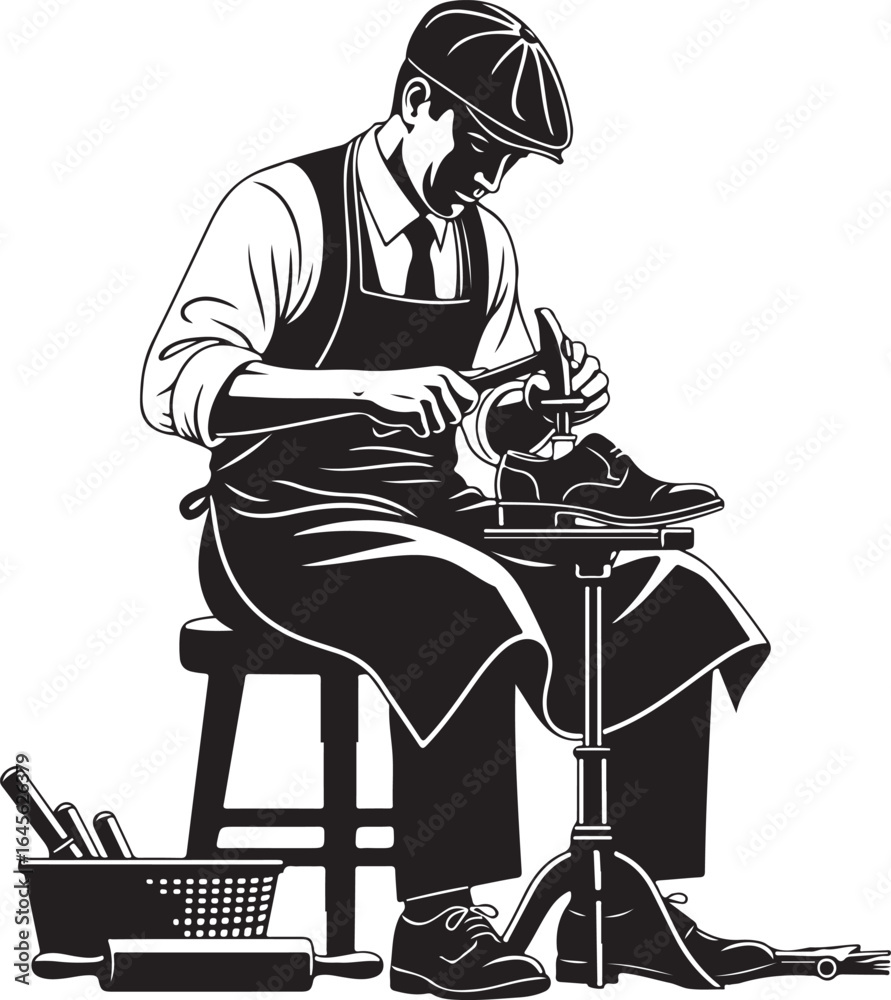 Vintage Cobbler Shoe Repair of a shoemaker repairing a shoe, isolated ...
