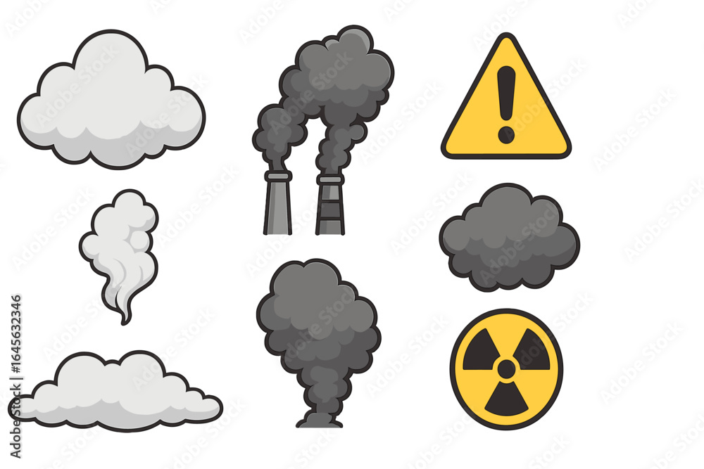 Collection of environmental pollution icons. Vector set with smoke ...